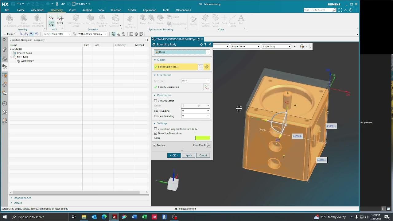 Siemens NX 2206 How To Create Your Raw Stock Bounding Body - YouTube