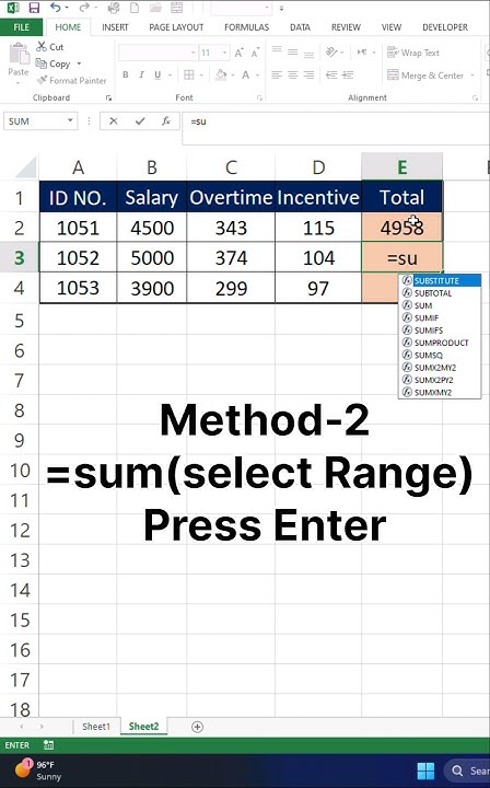 Use Sum Function Multiple Methods #shorts #youtubeshorts #microsoftexcel #excel #exceltips # ...