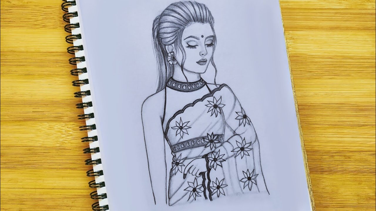 How to Draw a Girl with Sari ll Traditional Drawing ll Girl Drawing ll ...
