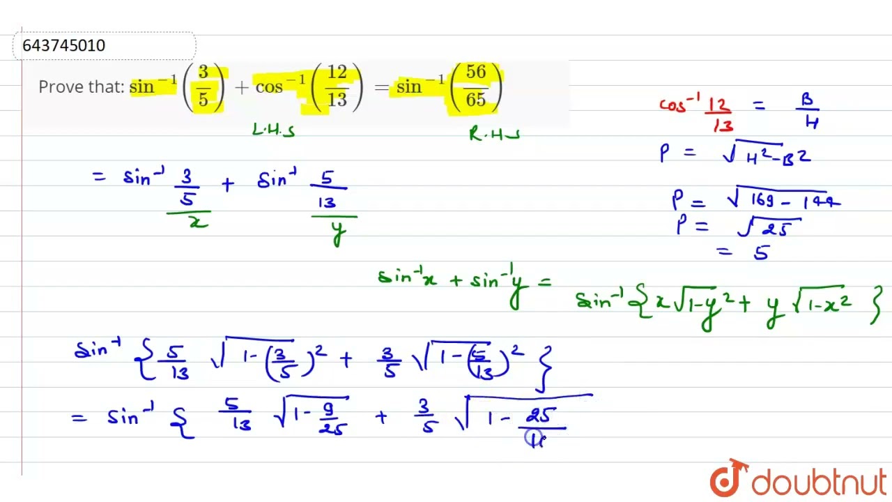 Prove That Sin 1 3 5 cos 1 12 13 sin 1 56 65 Prove That Sin 1 3 5 cos 1 12 13 sin 1 56 65
