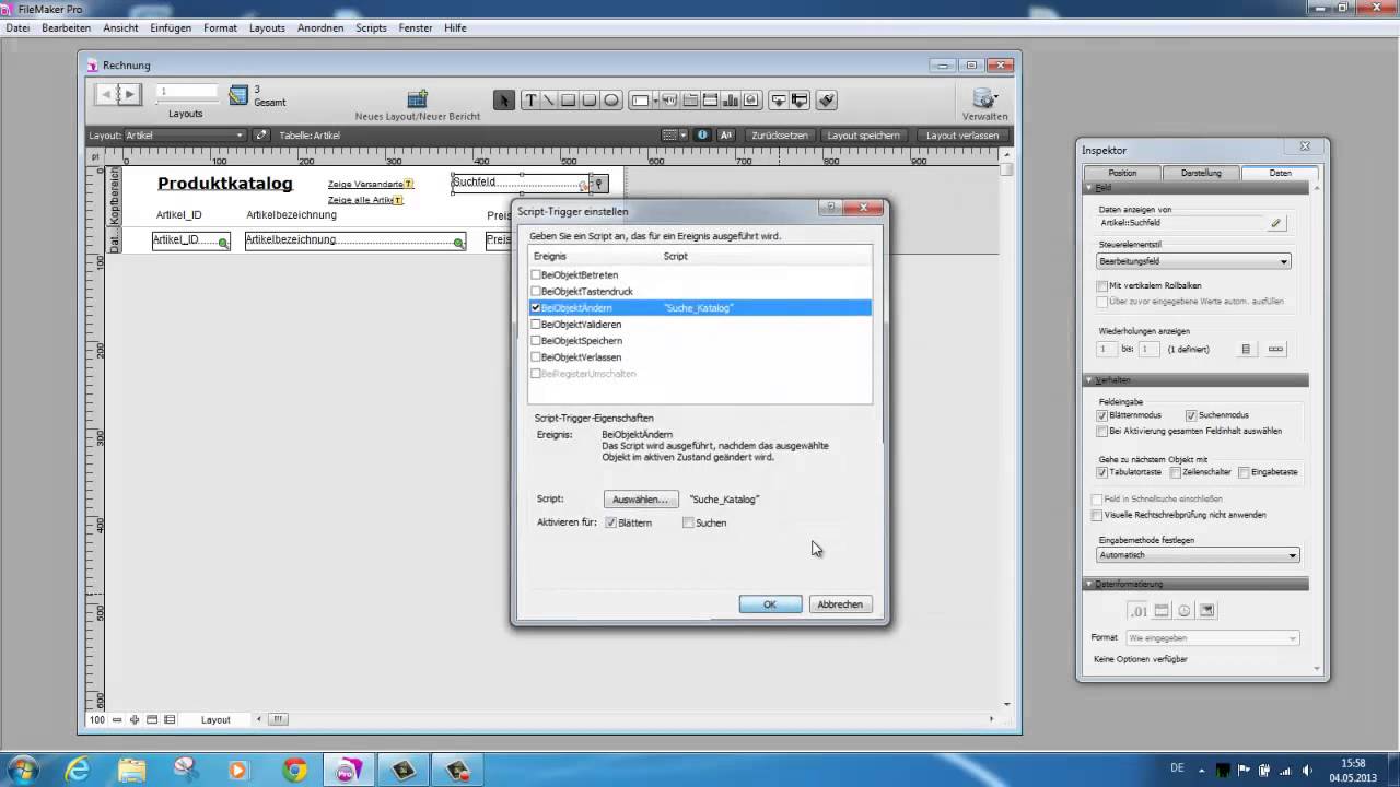 Filemaker SoftwareProjekt II Scripting Suche Produktkatalog automatisch einfügen Ausschnitt ...