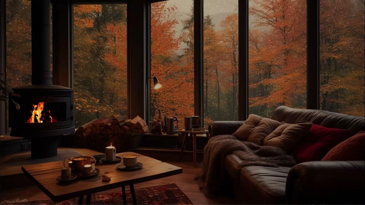 Rainy Autumn Day with Crackling Fireplace in a Cozy Hut Ambience - Relax, Sleep or Study - YouTube