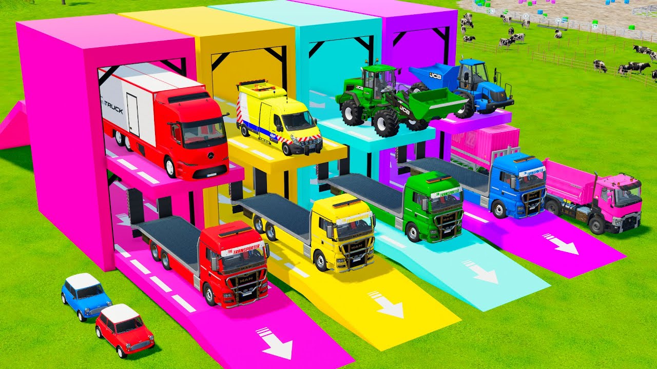 TRANSPORTING EXCAVATOR, MIXER TRUCK, WHEEL LOADER, POLICE CAR TO GARAGE ...