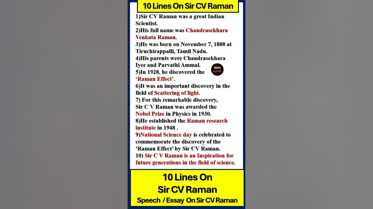 10 lines on CV Raman in English | 5 lines On C V Raman | CV Raman speech | Sir CV Raman Essay ...