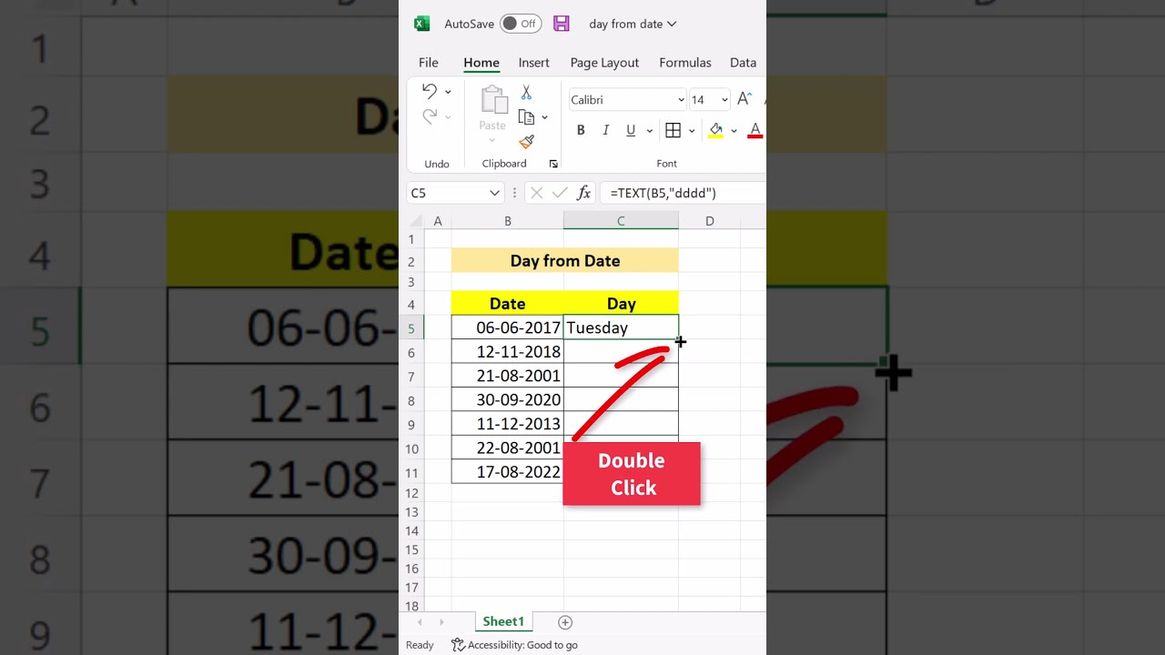 Get Day From Date Ms Excel Formula shorts YouTube Get Day From Date Ms Excel Formula shorts YouTube