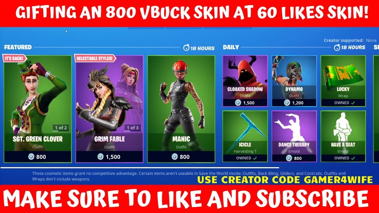 Gifting an 800 Vbuck Skin at 60 likes | Fortnite Item Shop March 16 ...