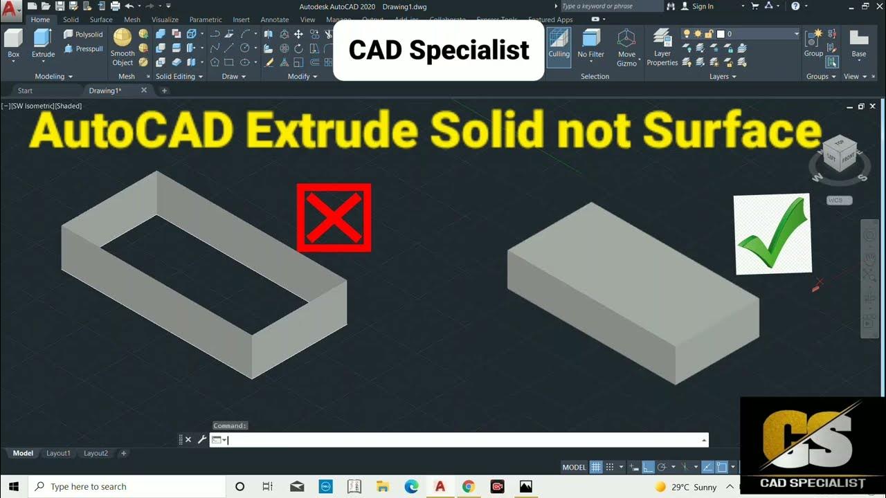 AutoCAD Extrude Solid not surface | AutoCAD 3D Extrude Command Tutorial Complete | Surface ...