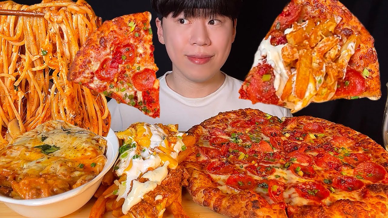 Sub 미국식 피자🍕잭슨피자의 페퍼로니 피자 And 치즈 스파게티 And 감자튀김 먹방 Asmr 향긋한 쪽파와 파프리카가 올라간