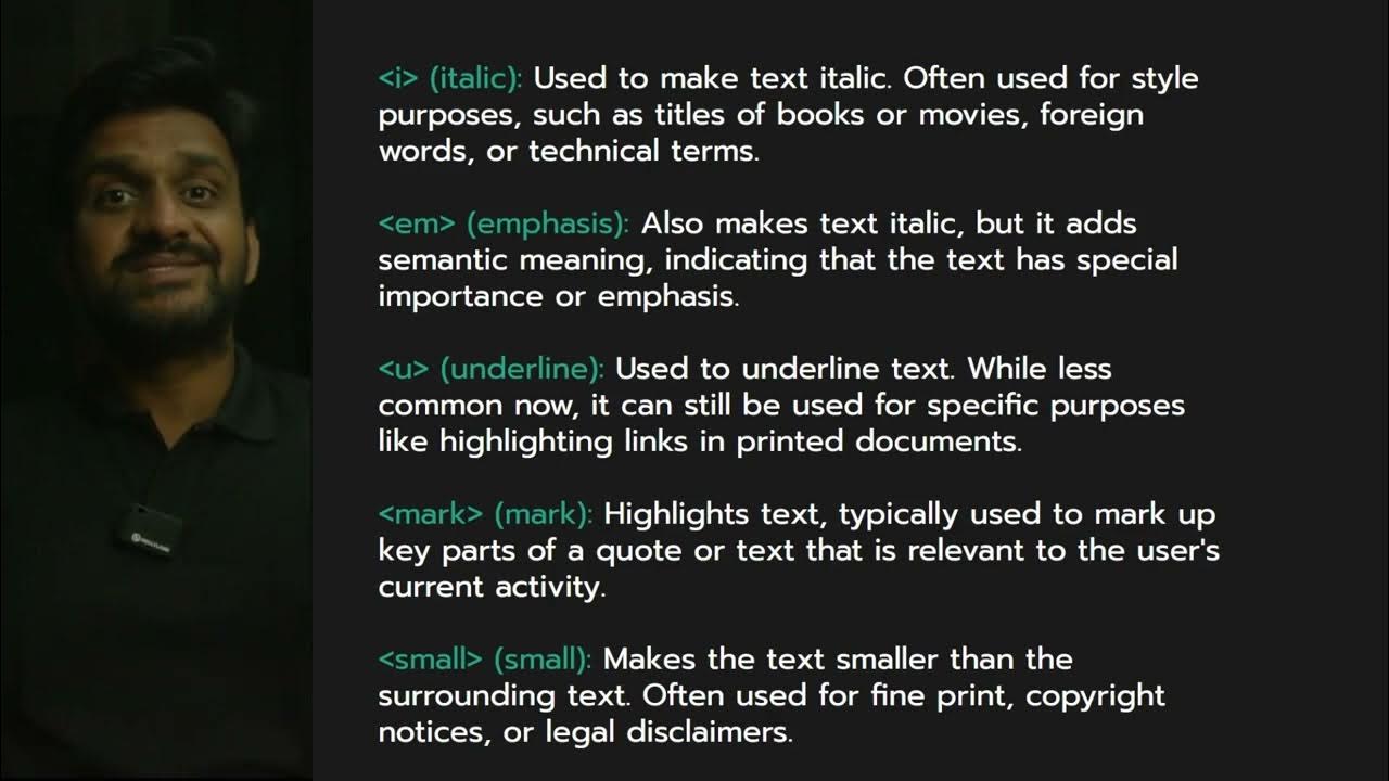 Text Formatting Elements in HTML: i em u mark small del ins sub sup || Lesson 7 || HTML 5 ...