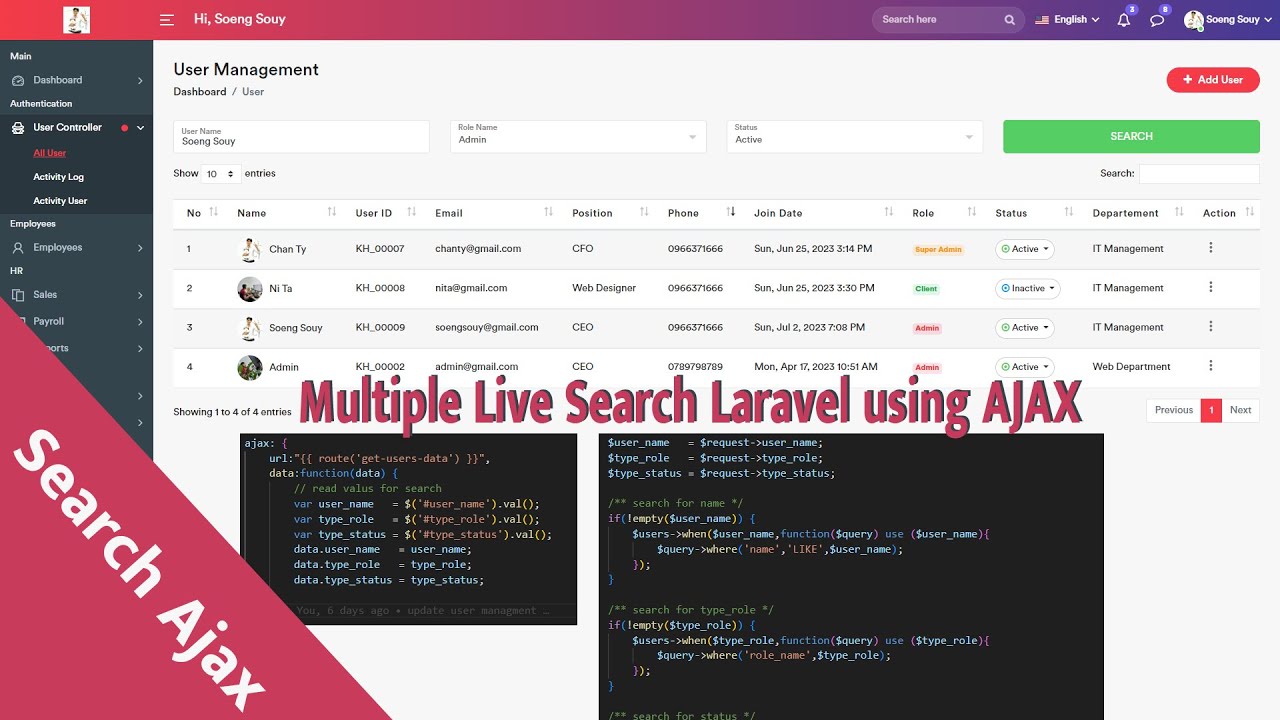 Multiple Live Search Laravel using AJAX | HR System - YouTube