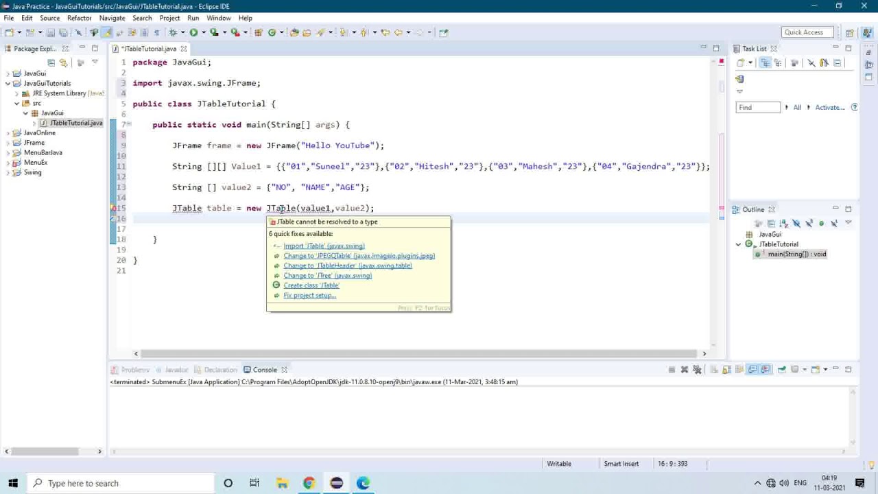 Create Jtable In Java Swing Youtube