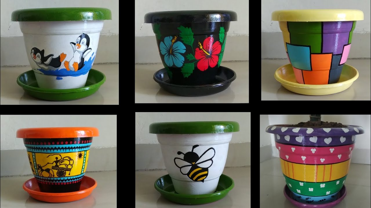 Pot painting designs/pot painting ideas/pot painting easy/pot painting for kids/plastic pot ...