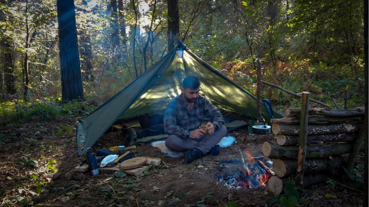 Solo camping in the deep forest and building tent by tarp. ASMR - YouTube