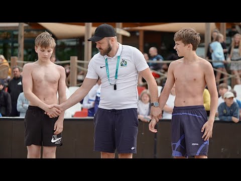 U17 Mauri Ärmus (EST) vs Mykhailo Mykhailyk (EST) 60kg. Boys youth beach wrestling tournament.