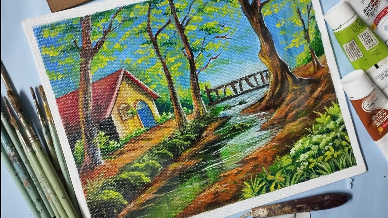 landscape painting with acrylic colour | how to draw landscape painting ...