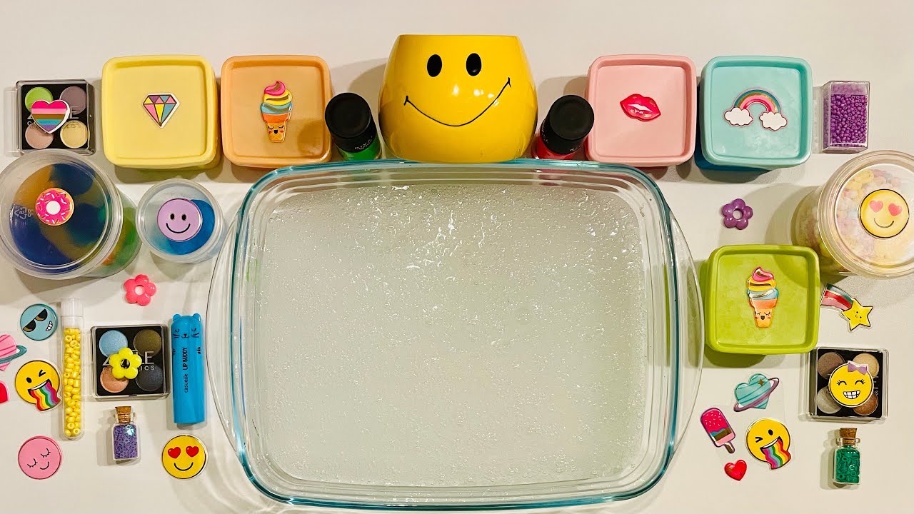 Colorful Smiley Slime - Mixing Makeup Glitter Into Clear Slime - YouTube