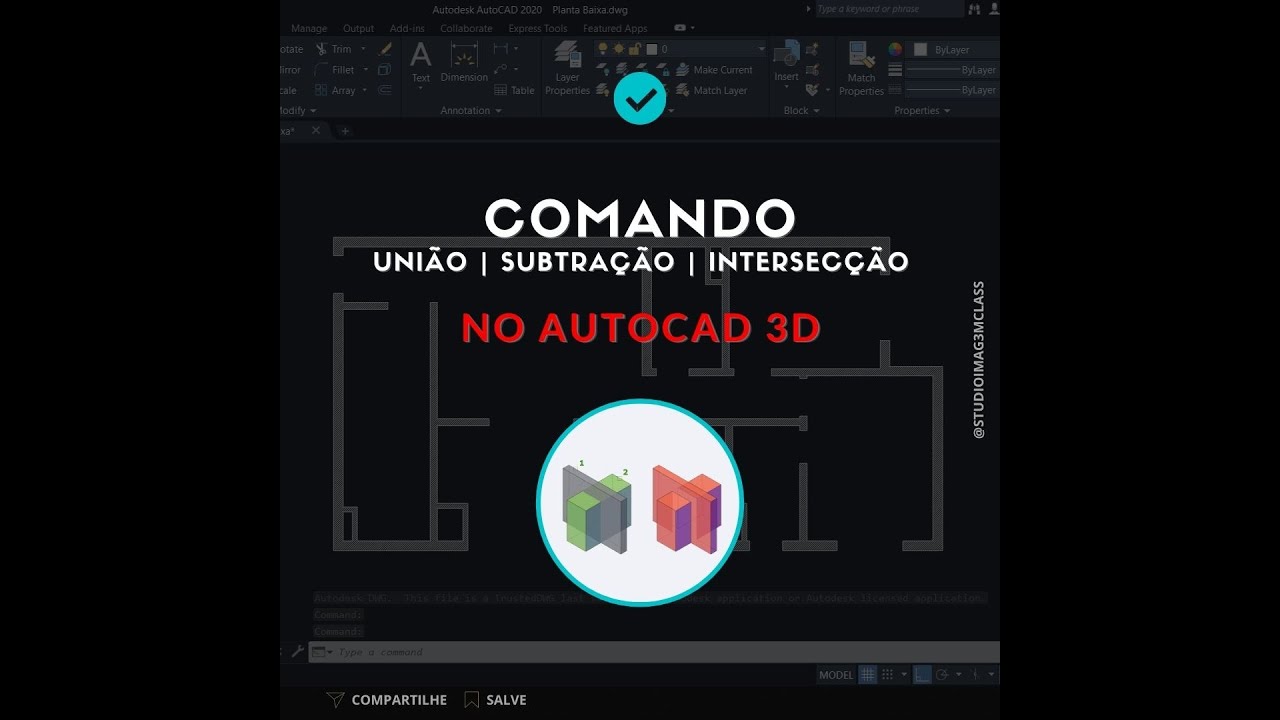 COMANDO UNIÃO | SUBTRAÇÃO | INTERSECÇÃO NO AUTOCAD 3D - YouTube