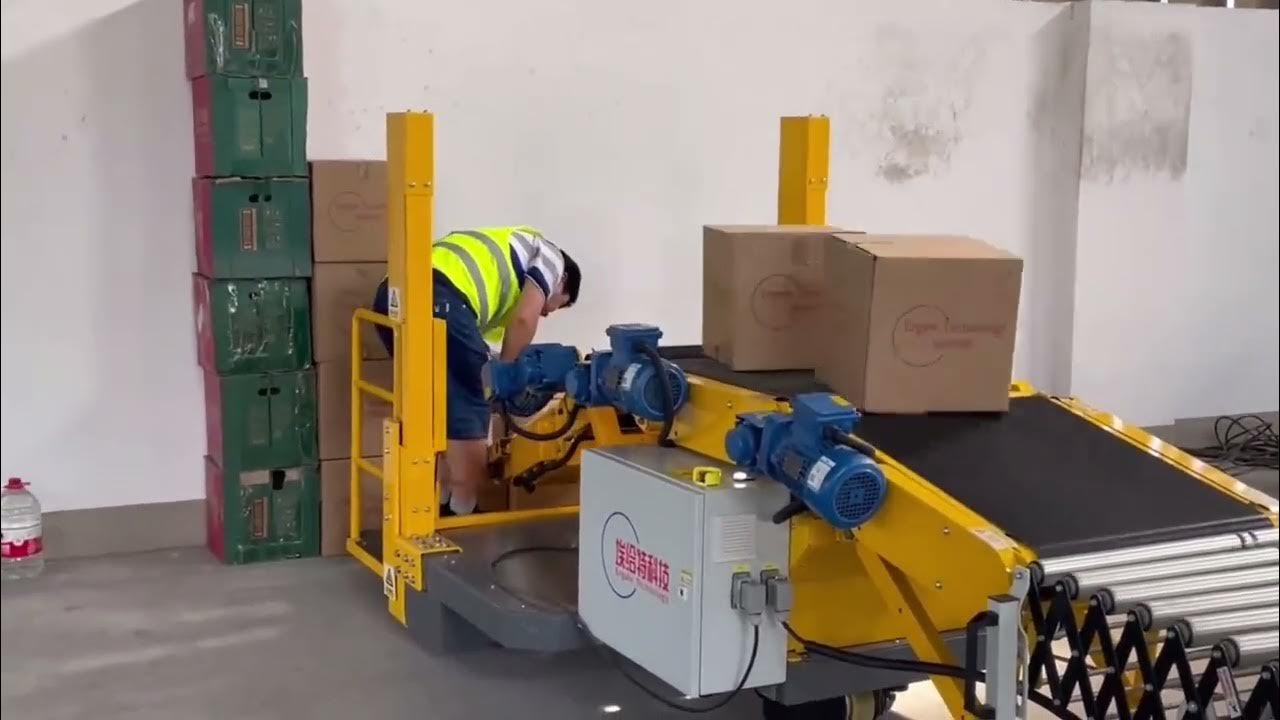 See Container Loading Unloading Conveyor optimize the flow of goods in a warehouse - YouTube