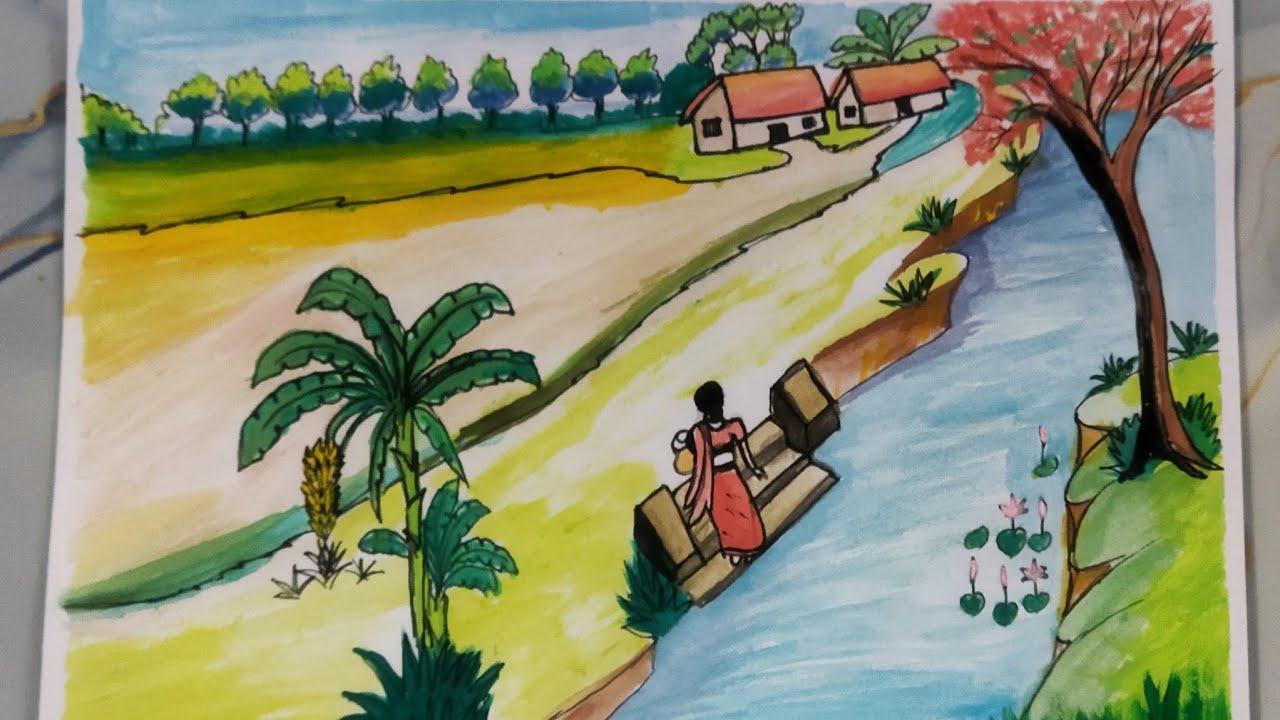 How To Draw A Beautiful Village Scene With Colored Pencils Step By Step ...