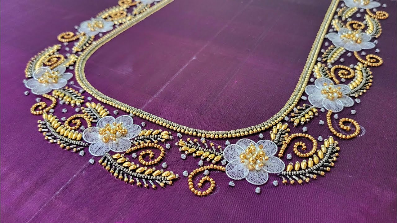 Unique Net flower Ari work Blouse design.. - YouTube