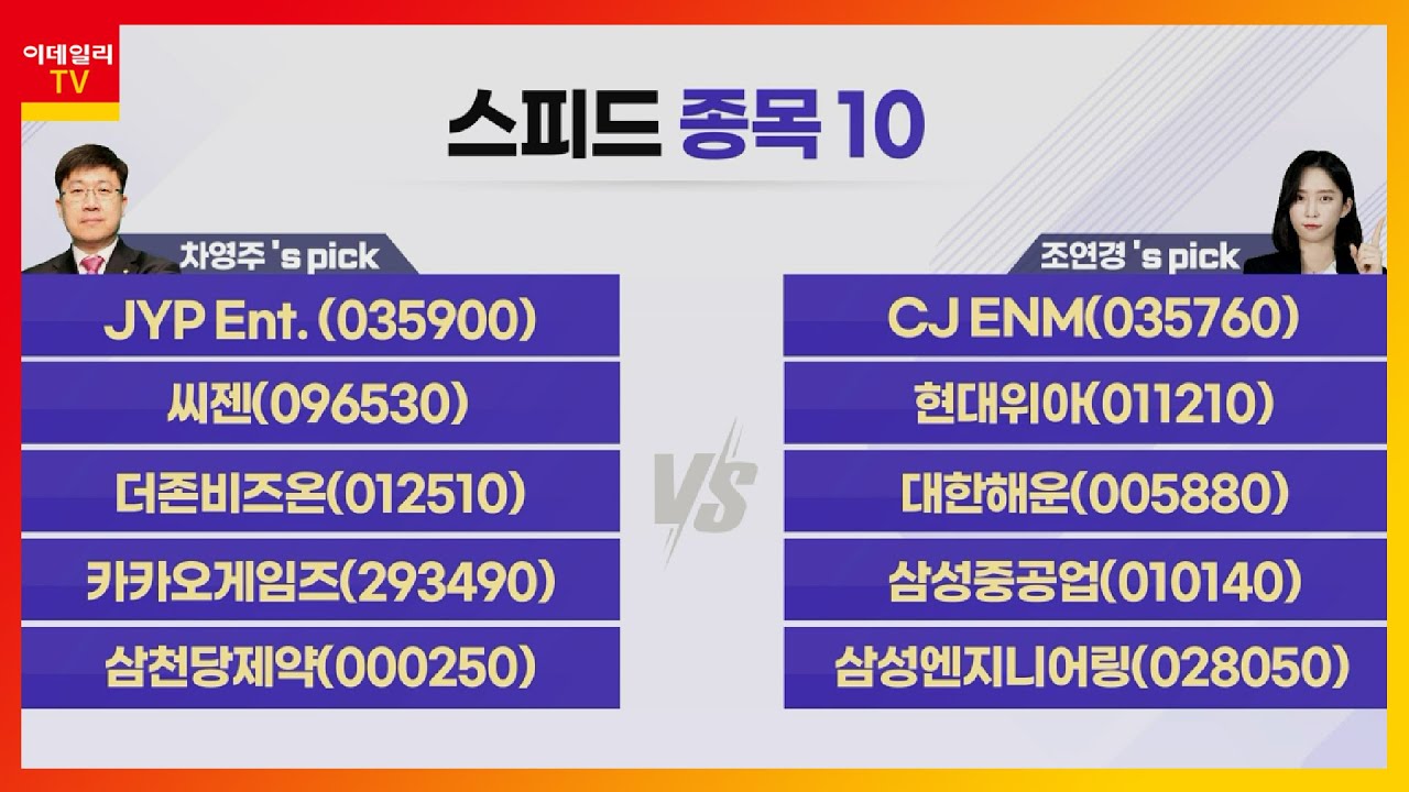 JYP Ent, CJ ENM, 씨젠, 현대위아, 더존비즈온, 대한해운, 카카오게임즈, 삼성중공업, 삼천당제약, 삼성엔지니어링_스피드 종목 10 (20210712) - YouTube