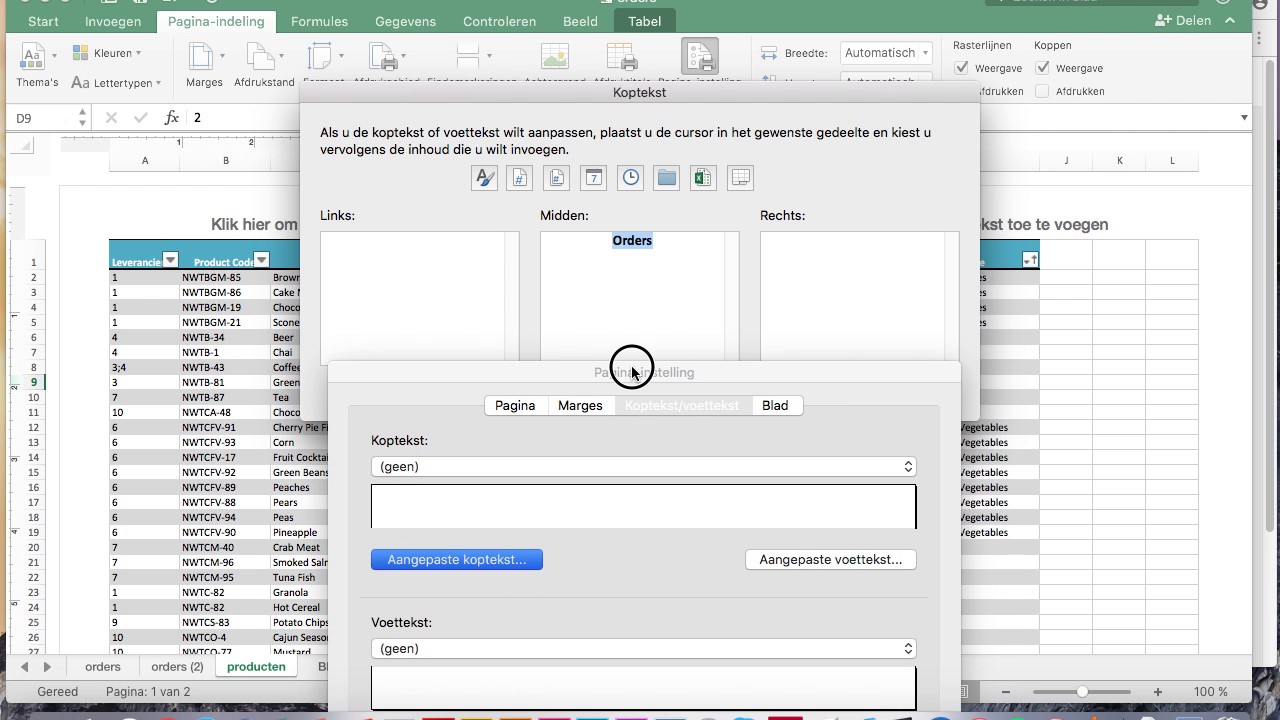 Excel: werken met tabel en afdrukinstellingen (voet- en koptekst ...