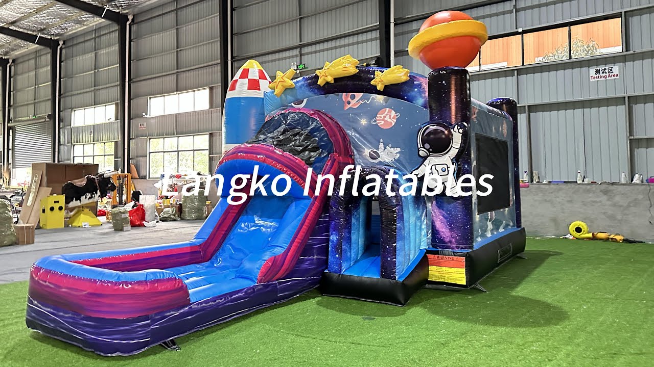 Space themed inflatable bounce house with slide - YouTube