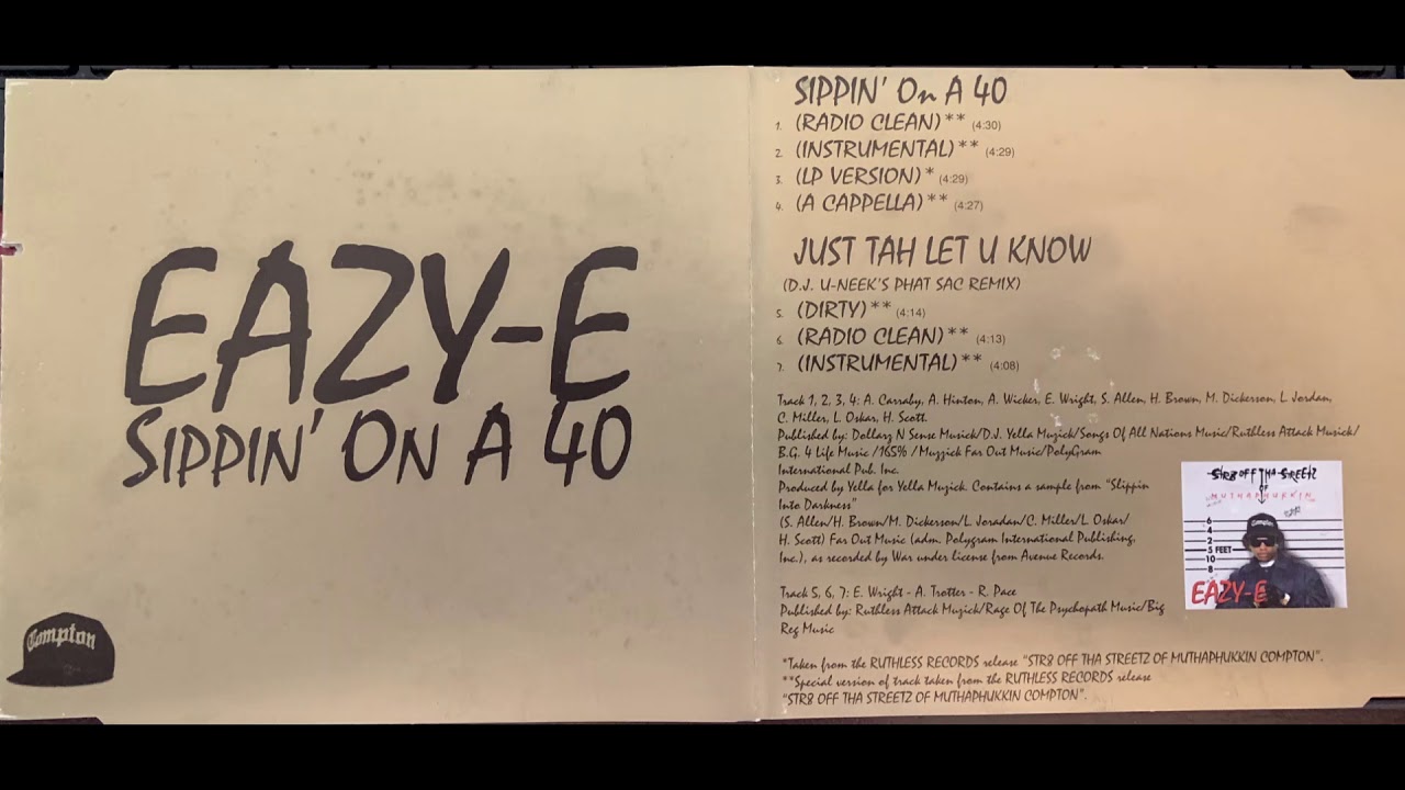 Eazy-E (SIPPIN' ON A 40)(A CAPPELLA) Import CD B.G. Knocc Out Dresta ...