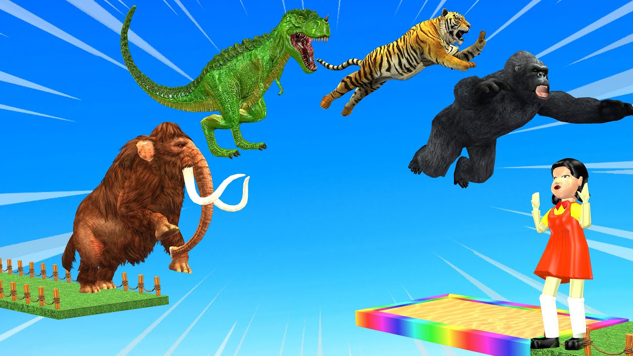 Wild Animals Long Jump Game With Woolly Mammoth, T-Rex, Gorilla Lion ...