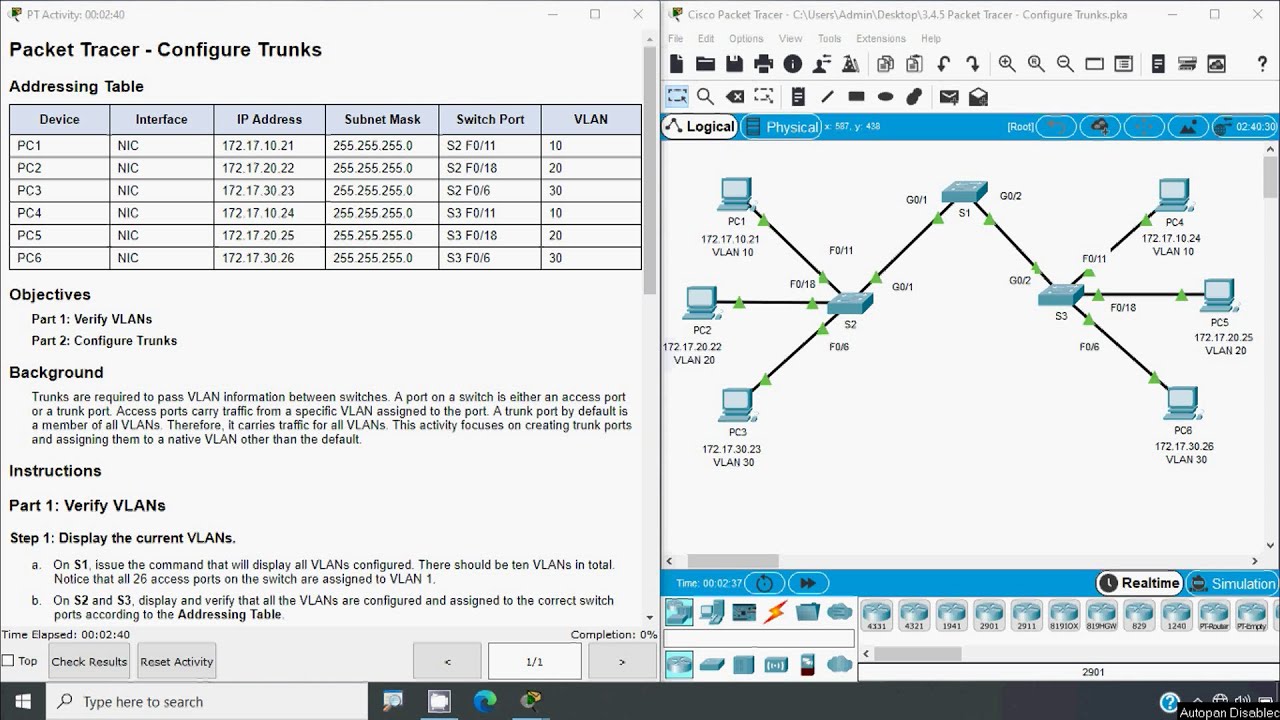 3.4.5 Packet Tracer - Configure Trunks - YouTube