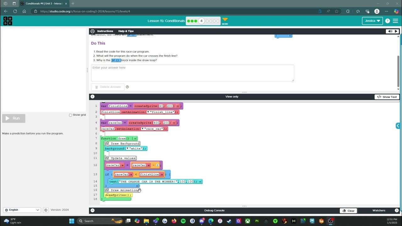 Code.org - CS Discoveries - Unit 3: Interactive Animations & Games: Lesson 15: Level 4 - YouTube