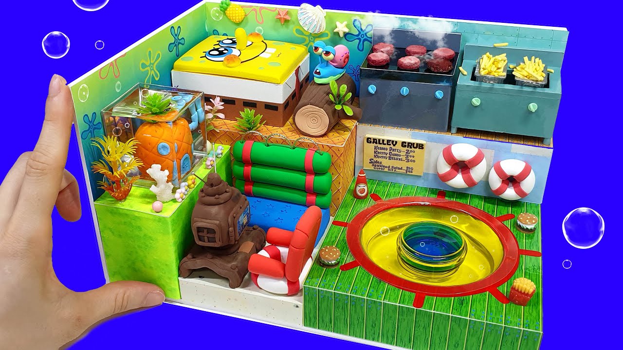 DIY Miniature Spongebob Krusty Krab Swimming pool Board House ♥ How to ...