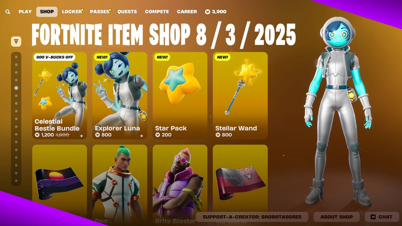 NEW EXPLORER LUNA SKIN! Fortnite item shop 8/3/2025 - YouTube