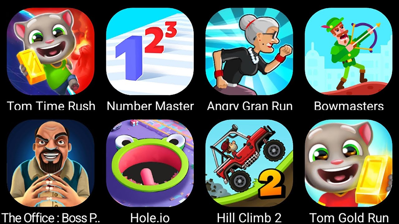 Tom Time Rush,Bowmasters,Tom Gold Run,Number Master,The Office Boss,Hill Climb Racing 2,Hole.io ...