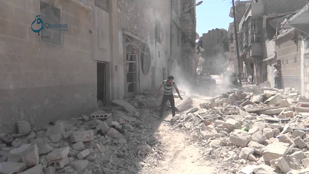 Q.n: Aleppo: Destruction due to dropping barrel bomb over Al-Bab road ...