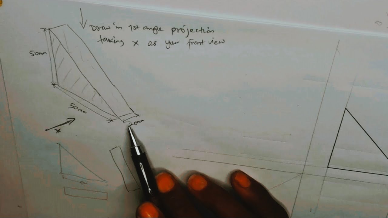 First Angle Orthographic Projection of a Wedge||Front View, Side view ...