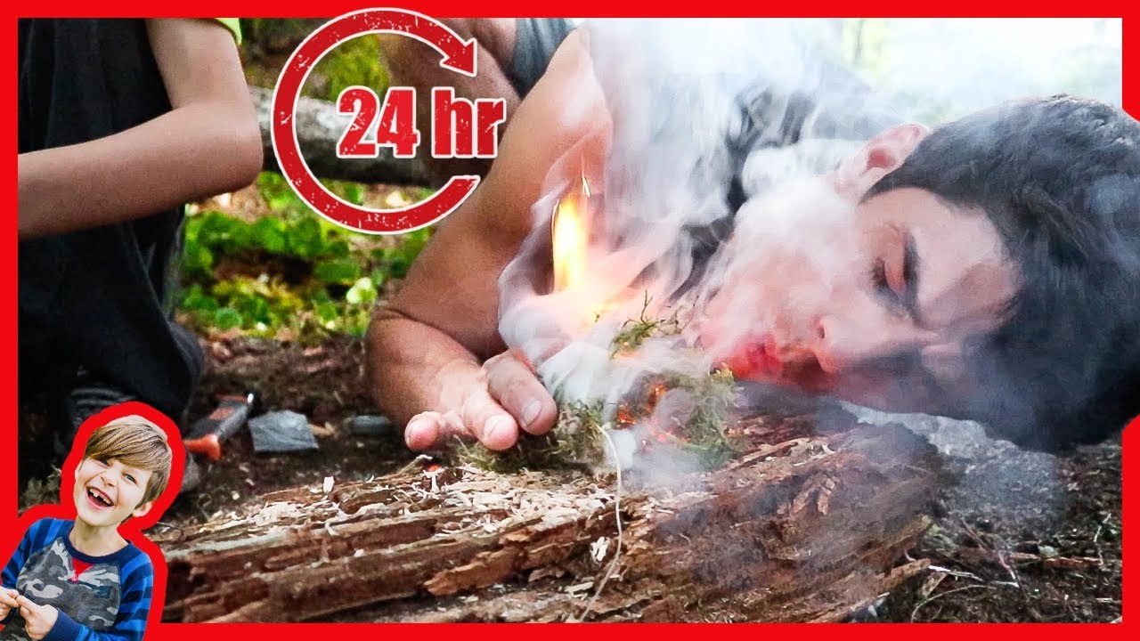 24 HOUR BOX FORT SURVIVAL CHALLENGE IN THE WOODS WITH PRIMITIVE FIRE ...
