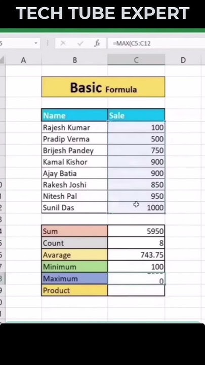 Excel Basic formulas SUM COUNT AVERAGE MAXIMUM MINIMUM PRODUCT #excel #shorts #youtube - YouTube