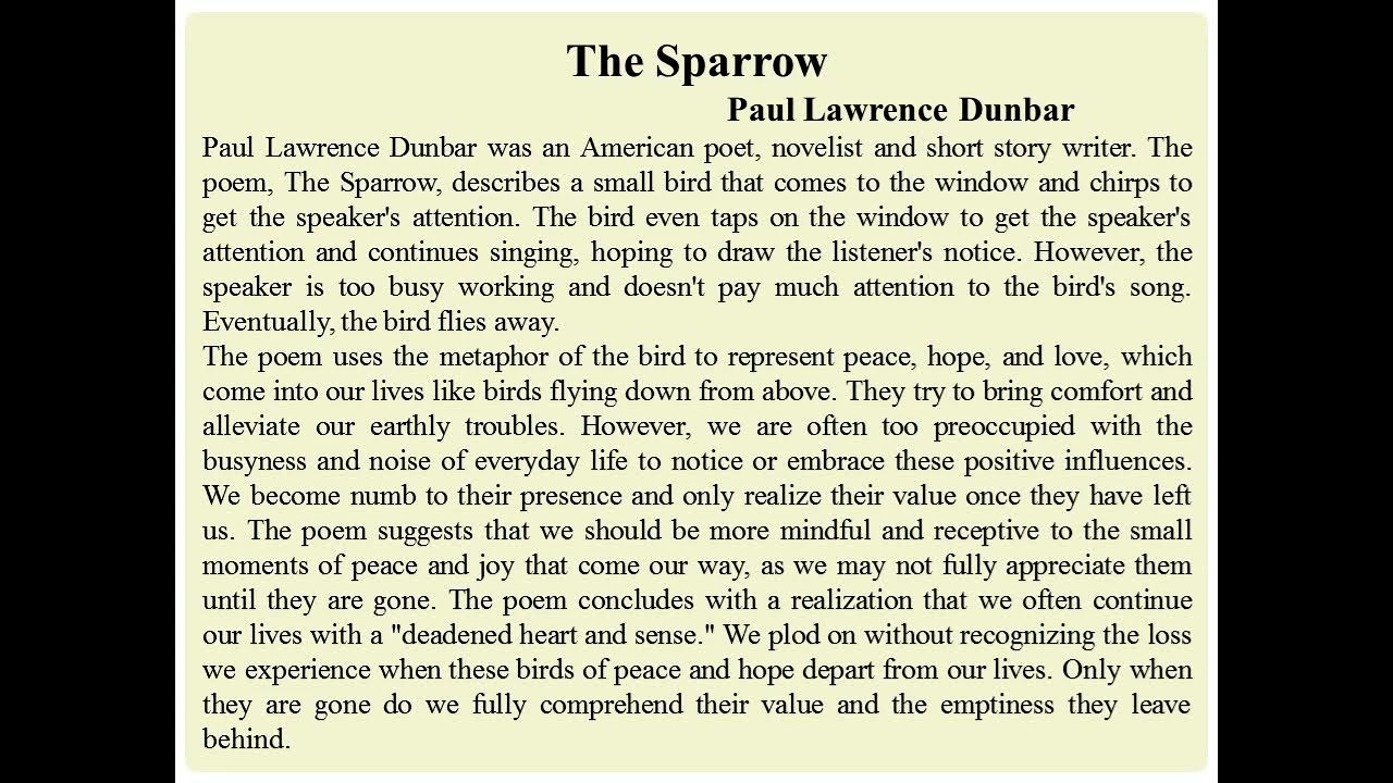 Paul Lawrence Dunbar's "The Sparrow" (Summary/Notes) - YouTube