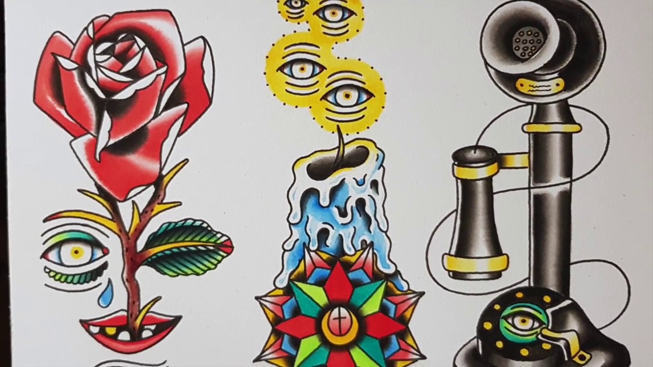 Traditional Tattoo Flash Sheet Painting - YouTube