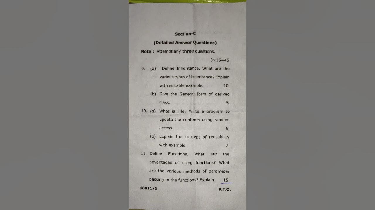 OOPs (Object Oriented Programming using C++) Sem-3 BCA-301 Question Paper by CCSU Meerut 2020 ...