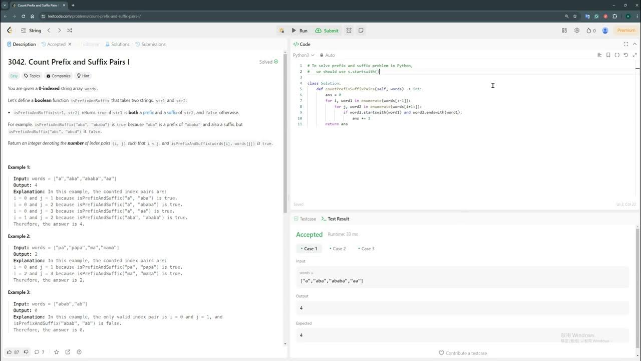 【LeetCode Life 18/50】3042. Count Prefix and Suffix Pairs I(~Easy) startswith endswith preffix ...