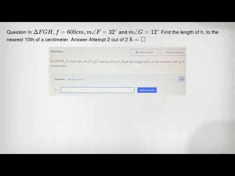 Question In Delta FGH,f=600cm,mangle F=32^circ and mangle G=12^circ Find the length of h, to the ...