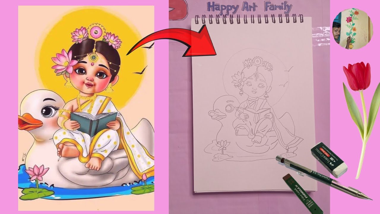 How to draw devi Saraswati 🙏- PART-1 , Devi Saraswati drawing, cute God ...