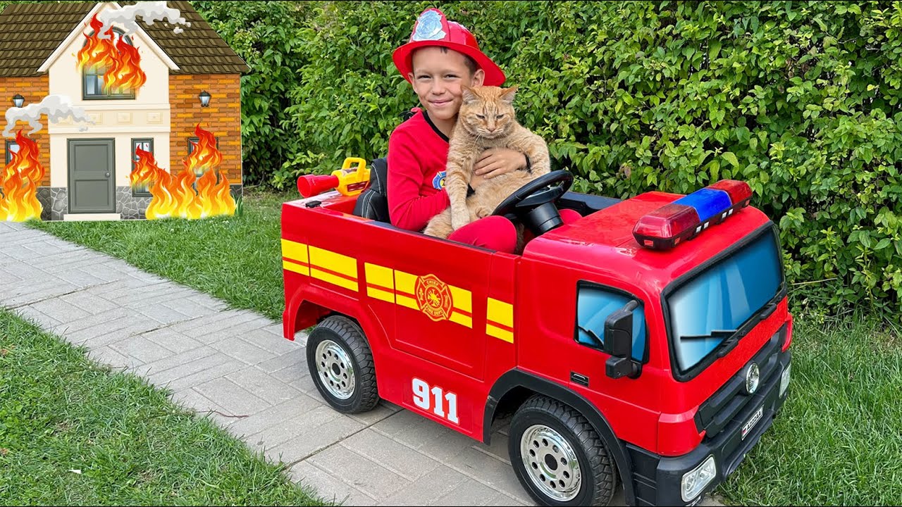 Firefighter Max rides a fire truck and helps the Cat - YouTube