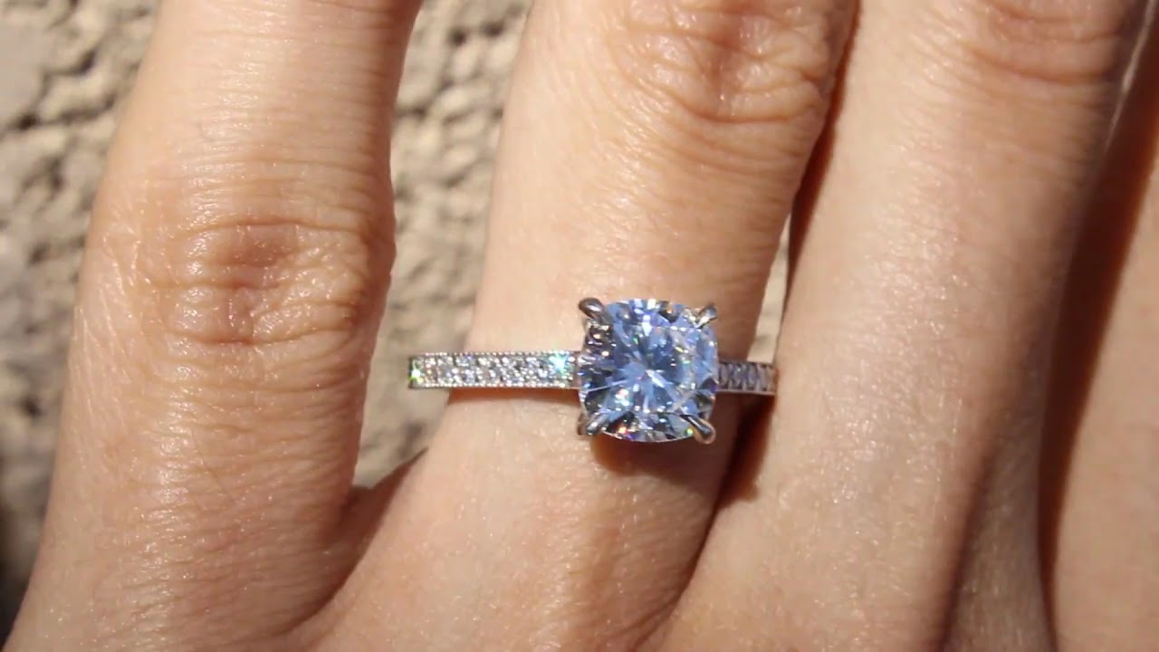 1.80 Carat Cushion Diamond Bright Cut Pave Engagement Ring - YouTube