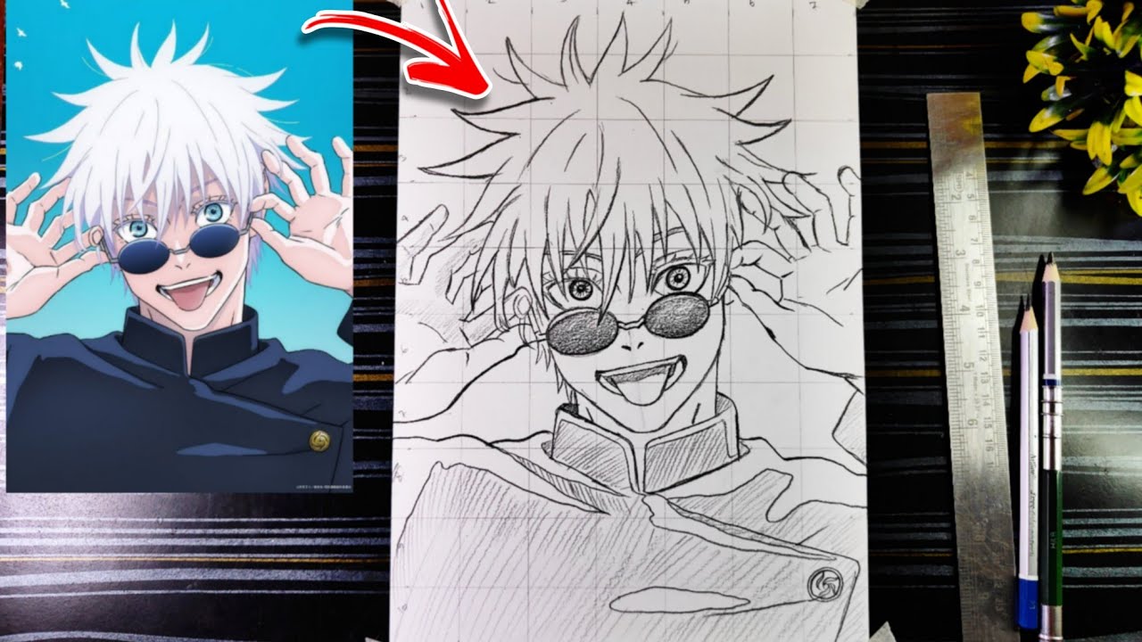 How to Draw Gojo Satoru, Gojo Satoru Drawing with Sunglasses, Outline ...
