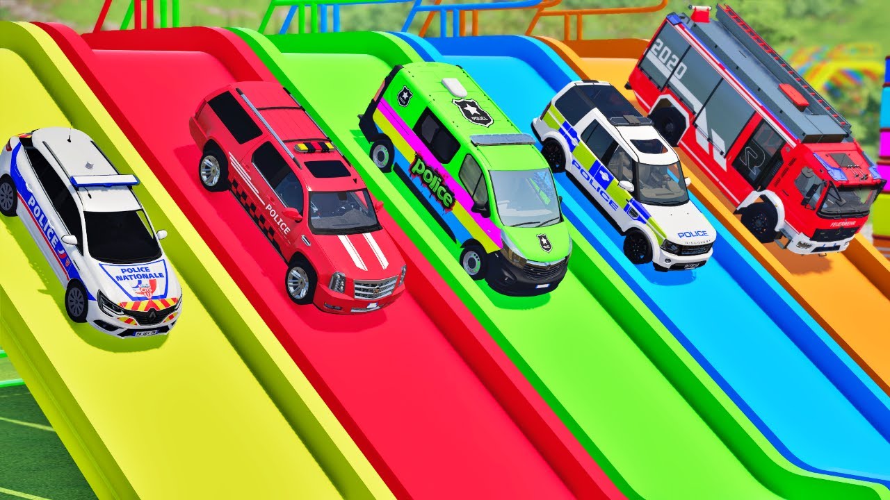TRANSPORTING CARS, POLICE CAR, FIRE TRUCK, AMBULANCE, MONSTER TRUCKS OF ...