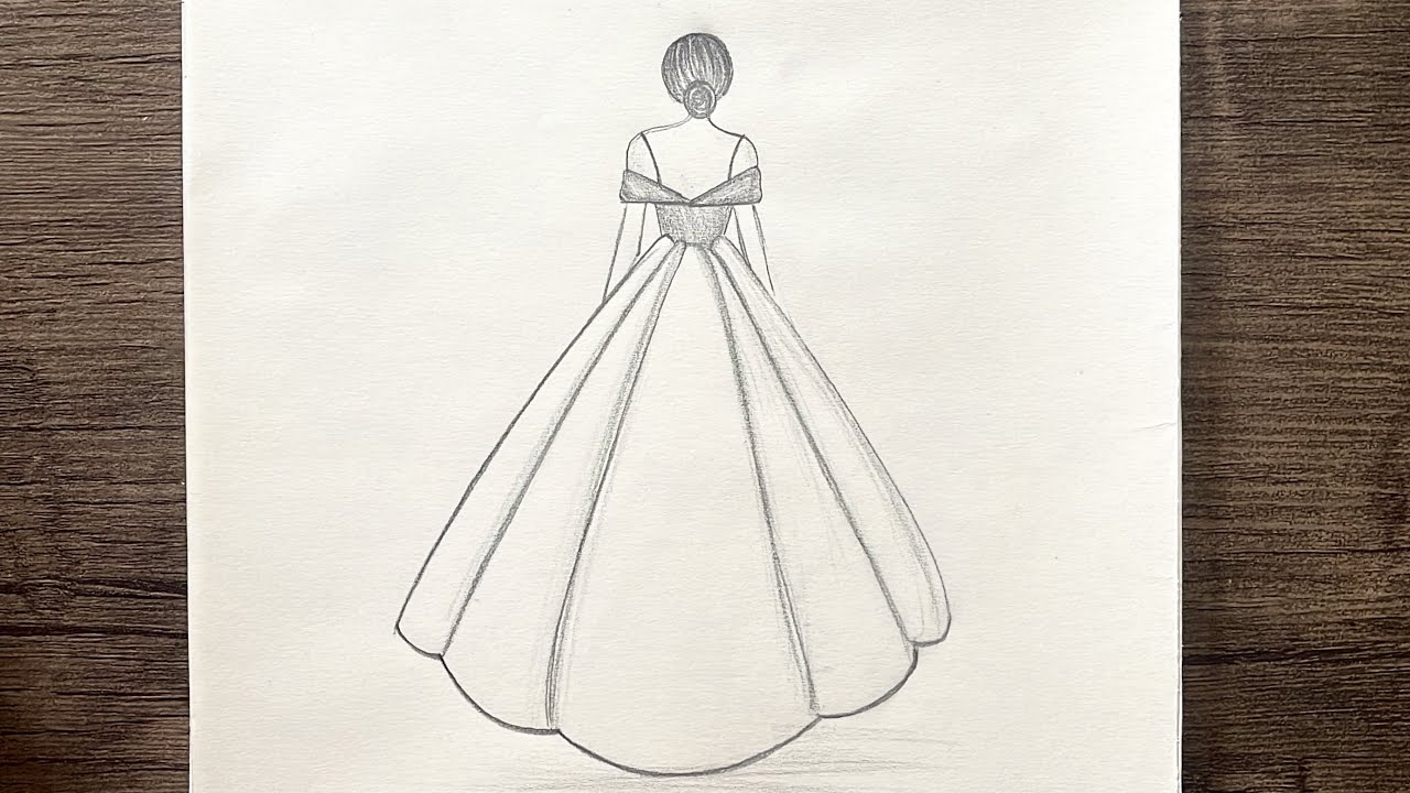 girl from back side drawing | how to draw a girl with a beautiful dress ...