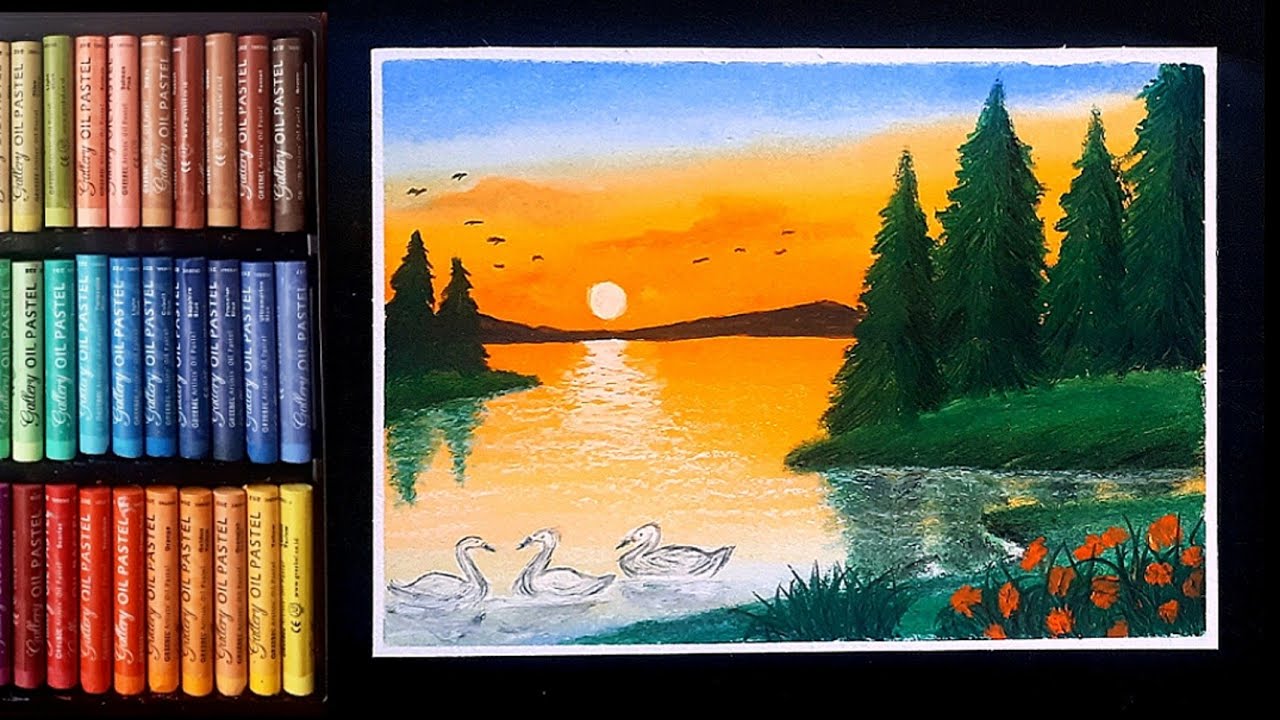 how to draw sunset with oil pastel | cara menggambar sunset dengan oil ...